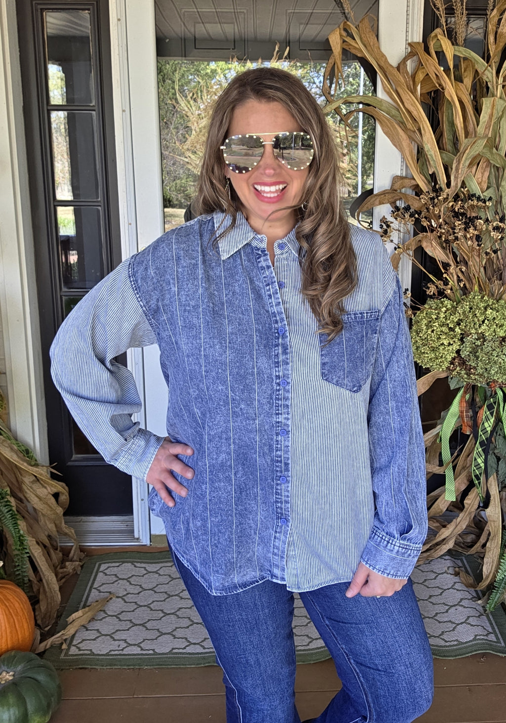 INDIGO STRIPED CONTRAST BUTTON DOWN TOP – Brooch Boutique