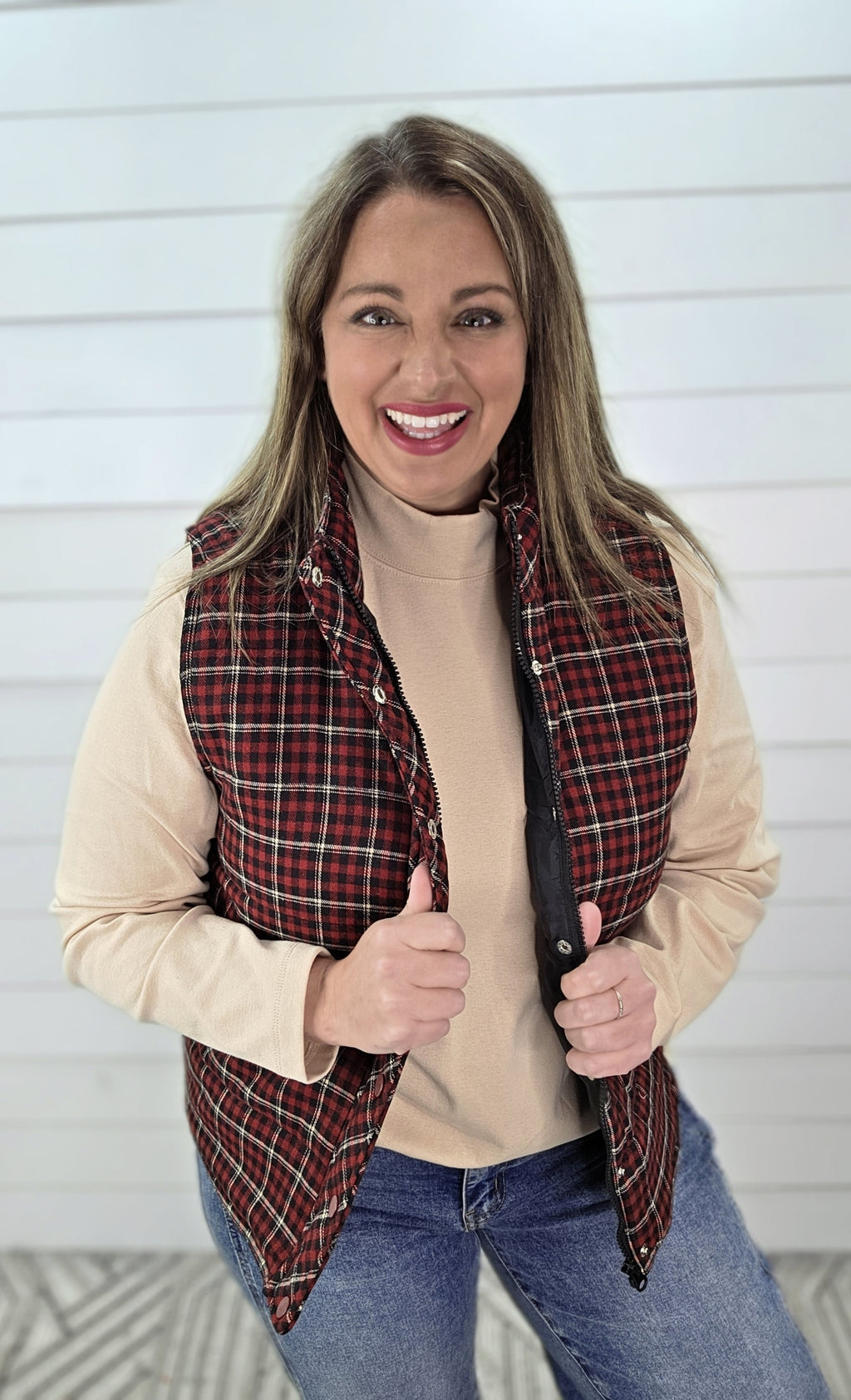 RED/BLACK CHECK PLAID ZIP UP/SNAP PUFF VEST – Brooch Boutique