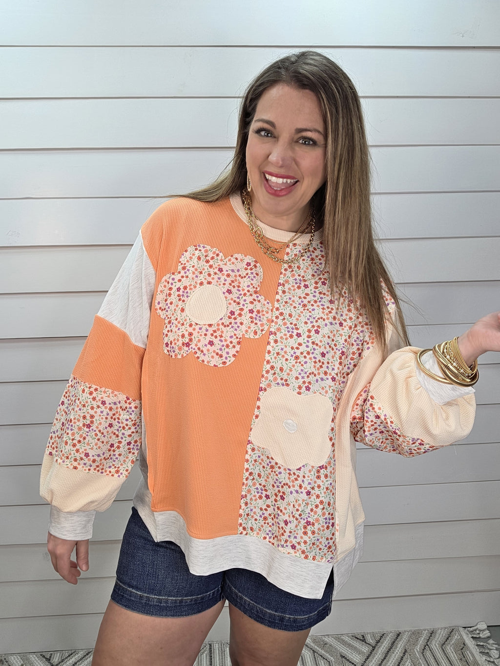 Cream Orange Flower Patch Knit Colorblock Top - Women's Playful Casual ...