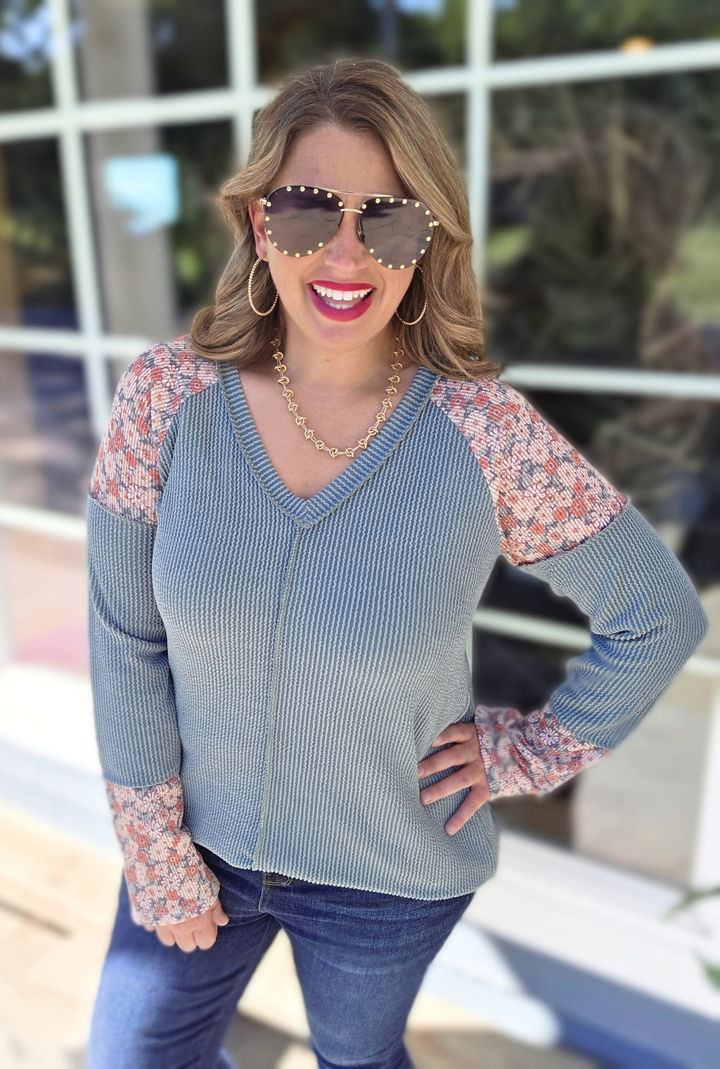 VINTAGE RAISED RIBBED CENTER SEAM KNIT TOP WITH FLORAL SHOULDERS ...