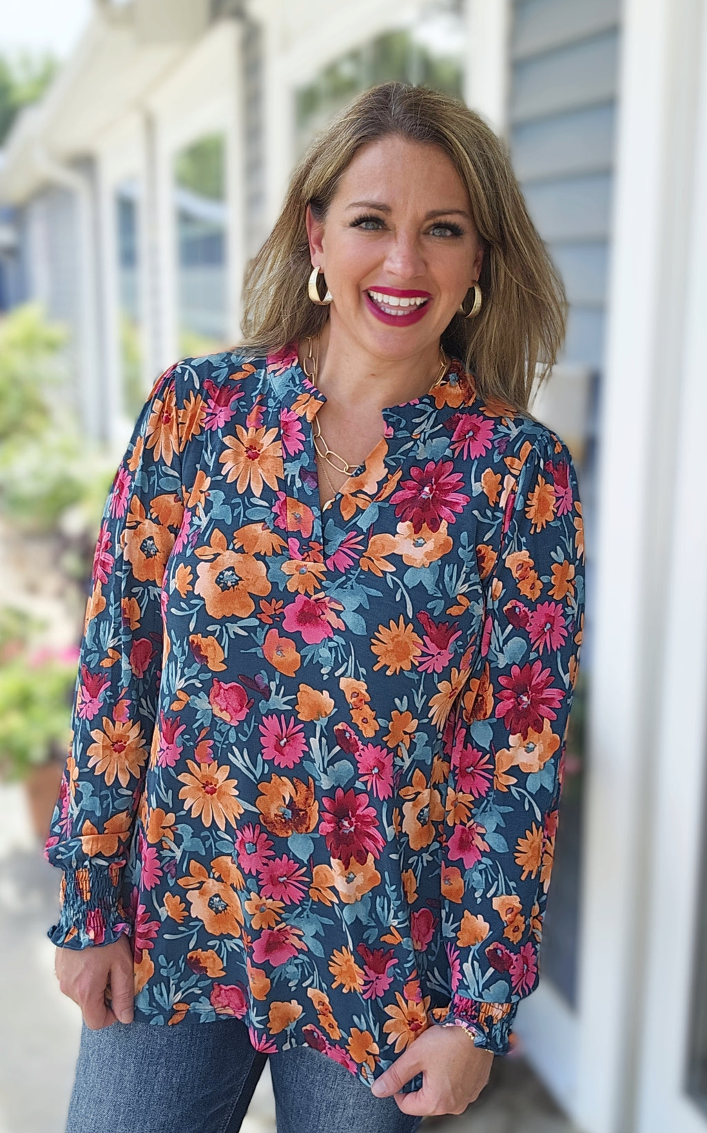 DEAR SCARLETT DARK TEAL FLORAL LONG SLEEVE SMOCKED LIZZY