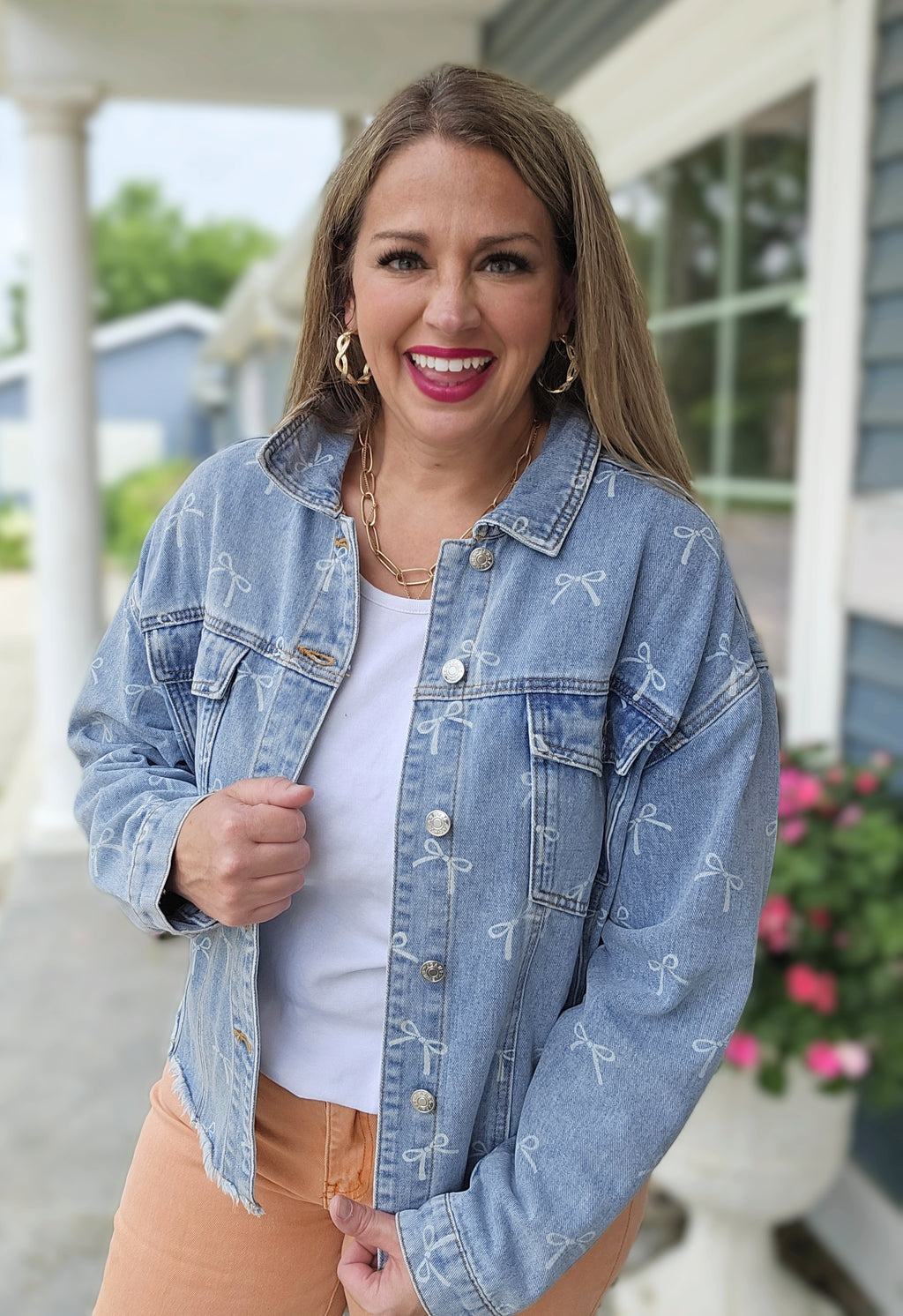 DENIM BOW PRINT JACKET WITH RAW HEMLINE – Brooch Boutique